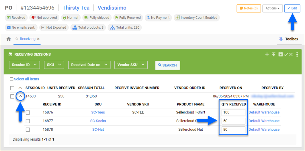 Purchase Orders - Receive PO - Sellercloud Help