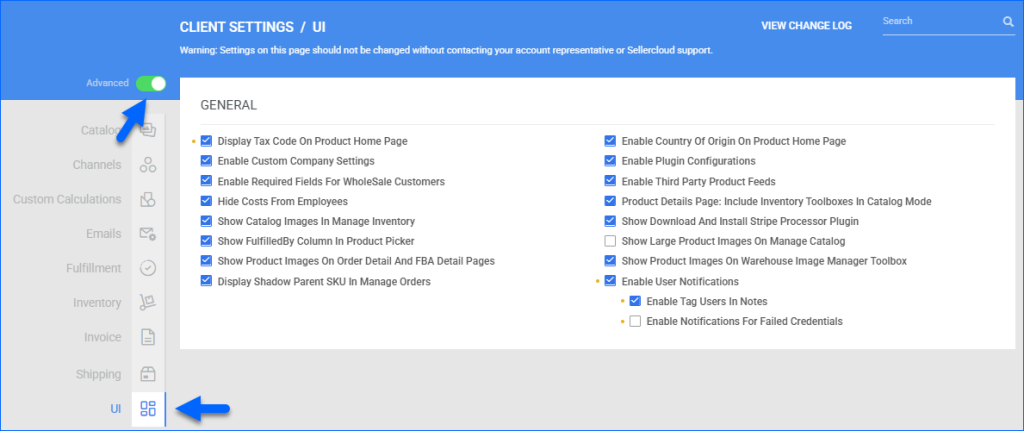 UI Client Settings - Sellercloud Help